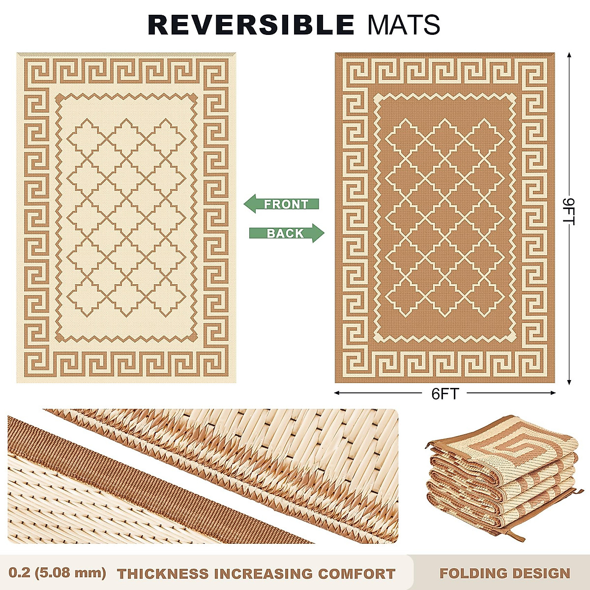 PASAMIC Double-Sided Design Outdoor Rug,100% Pure Polypropylene Outdoor Rugs, Patio Rug, Outdoor Patio Rug for Terraces, Garden Decks, Beaches, Camping, 9ft x 6ft Outdoor Area Rug Waterproof