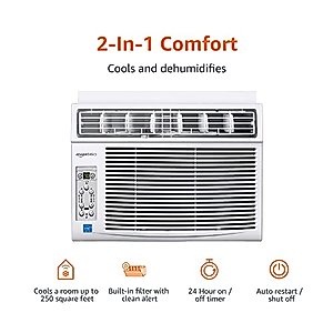 Amazon Basics Window Mounted Air Conditioner with Remote Cools 250 Square Feet, 6000 BTU, White