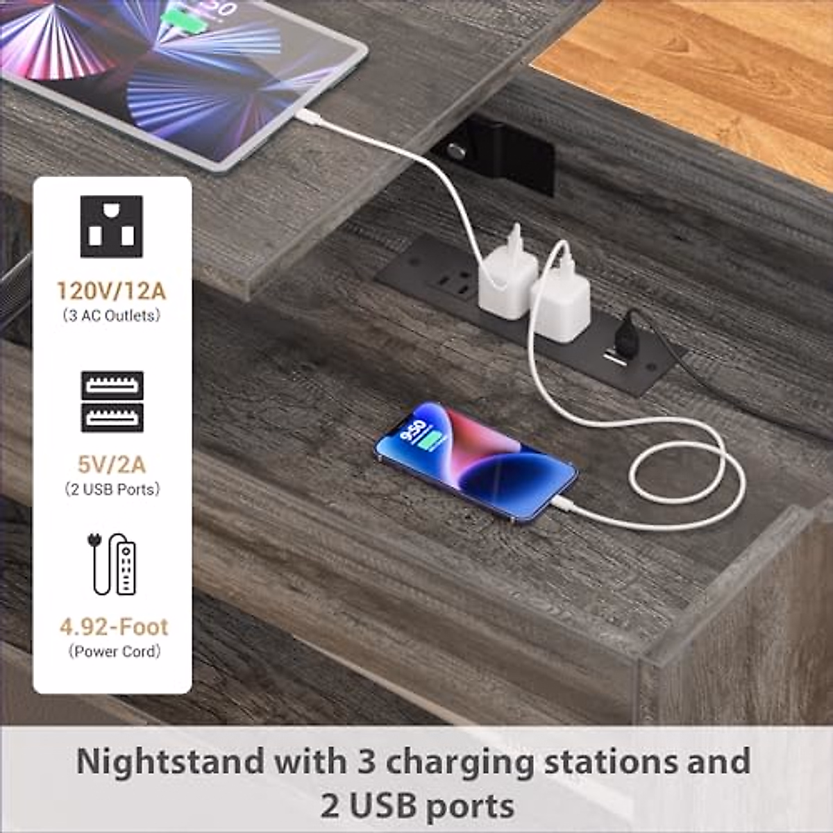 Cyclysio 35 Inches Nightstand with Reversible Lift Top, Large Night Stand with LED Lights, Tall Bedside Table with Charging Station, High End Side Table for Bedroom, Sofa Side, Living Room, Grey