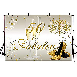 MEHOFOND Happy 50th Birthday Backdrop for Women 50th Birthday Decoration Banner Gold High Heels and Champagne Fabulous 50th Birthday Photography Background Studio Props Banner Vinyl 7x5ft