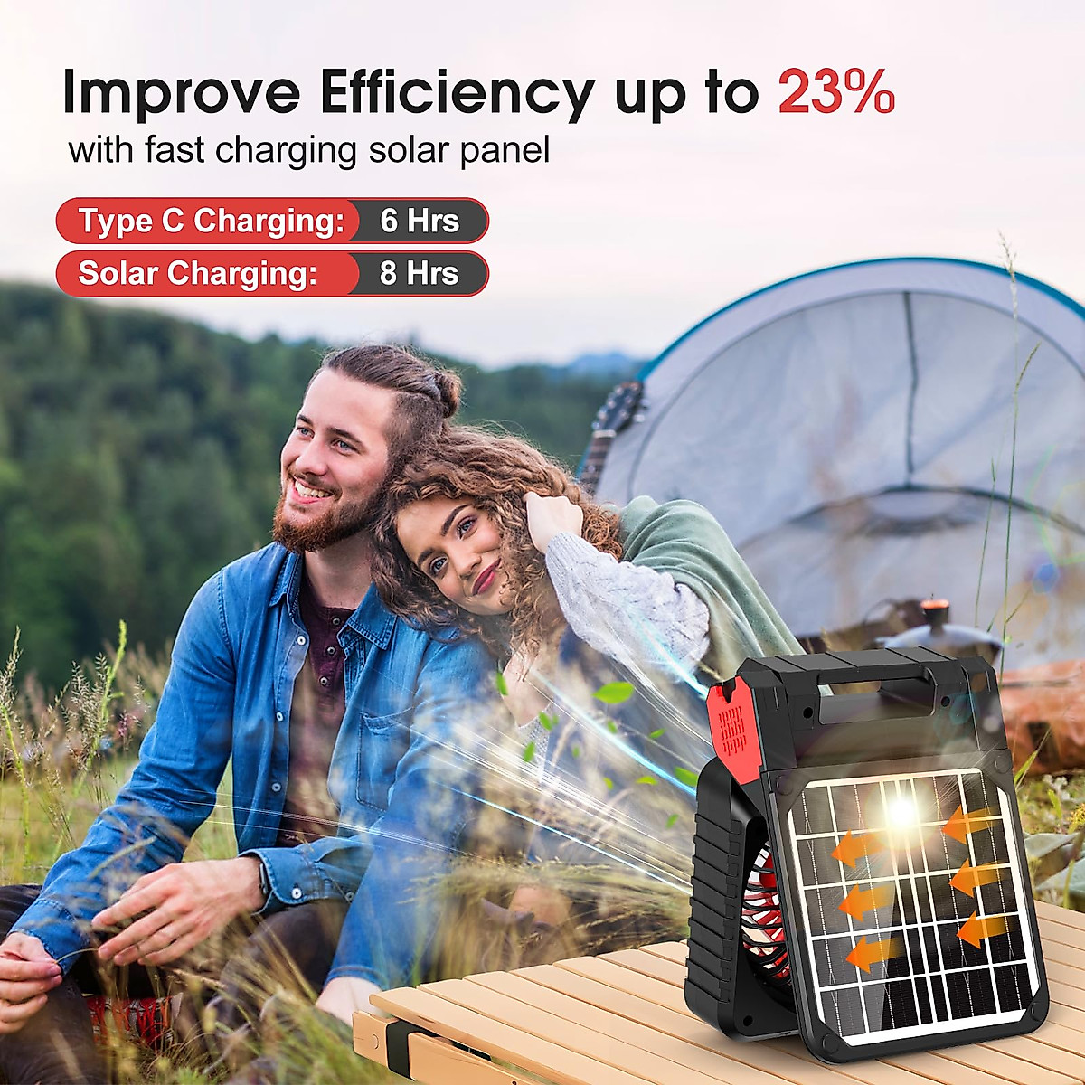 Solar Camping Fan, 15000mAh Outdoor Portable Rechargeable Tent Fan Camping Essentials Personal Cooling Fan Battery Operated with Lights,4 Speed,3 Timers, for Picnic, Hurricane, Fishing, Worksite