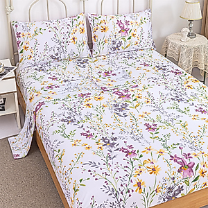 RYNGHIPY Cotton Floral Bed Sheet Set Full Size Botanical Flowers Print Girls Bedding Shabby Garden Floral Bed Sheets