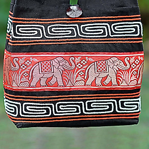 NOVICA Artisan Handmade Cotton Blend Shoulder Bag Black Vermilion from Thailand Wood Handbags Orange Gold Tone Embroidered Animal Themed Elephant ' Thai Elephants in Vermilion'