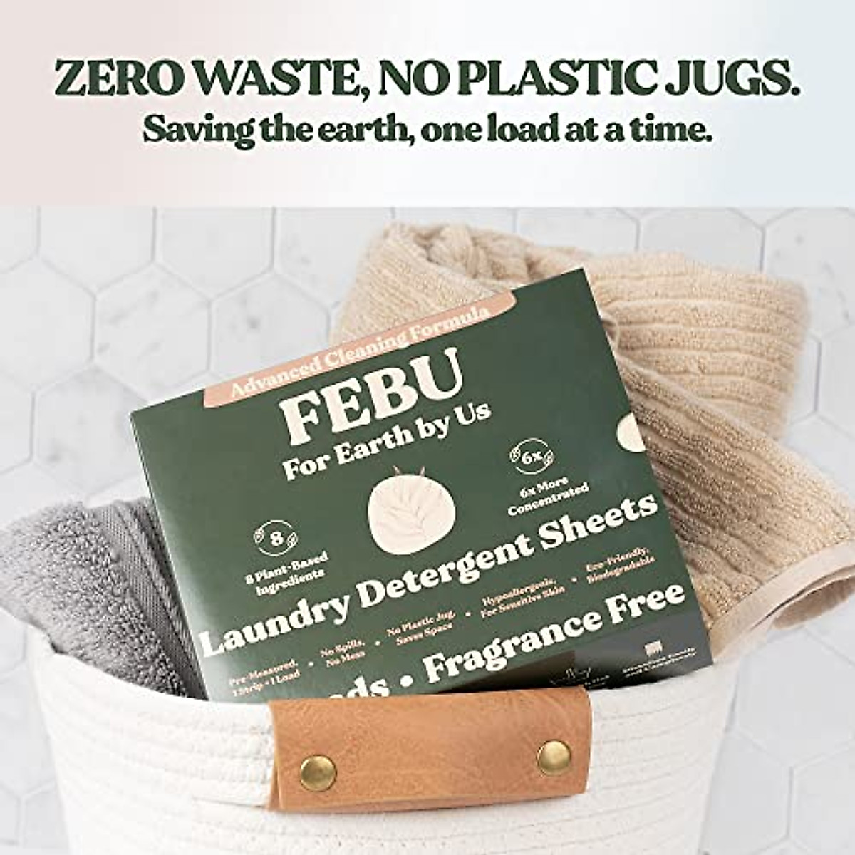 FEBU Eco Friendly Laundry Detergent Sheets | 96 Loads, Fragrance Free | 6x More Cleaning Power With Only 8 Plant-Based Ingredients | Hypoallergenic Laundry Sheets | Zero Waste Laundry Soap Sheets