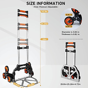 Stair Climbing cart Dolly Extended Handle by Teprovo,Aluminum Foldable Hand Truck Moving, Flat Floor Load capacity176 lb, Stair Climbing Dolly Load110 lb, Portable Trolley cart with Wheels