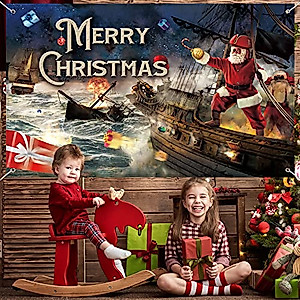 Christmas Pirate Santa Backdrop Santa Claus Background Merry Christmas Photography Backdrop Xmas Pirate Ship Background for Winter Holiday Home Decoration Xmas Party Photo Props, 43.3 x 72.8 Inch