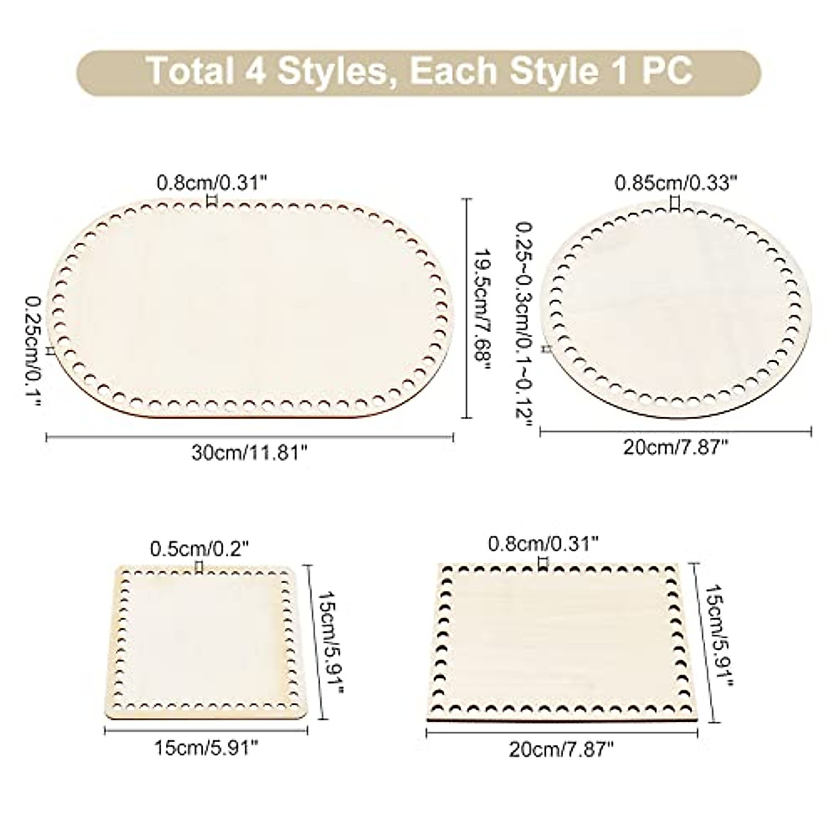 CHGCRAFT 4Pcs 4 Style Natural Wooden Basket Bottom Crocheting Rectangle Oval Flat Round Square Wood Base Bottom Shaper for Making Knitting Crochet Yarn Storage Bag