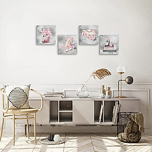Wall Art Prints Pictures Pink Wall Decor for Bedroom Women Perfume Artwork Girl Bag Paintings for Wall Decorations 10"x 10"x 4 Pieces