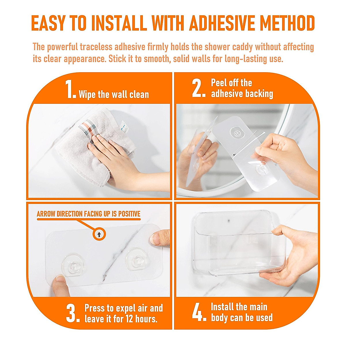 BShasrlim Acrylic Shower Shelves - Adhesive Wall Mounted Shower Organizer Clear with Soap Dish and Hooks - No Drill Adhesive Shelf for Bathroom and Kitchen Storage (Clear, Long Set of 4)