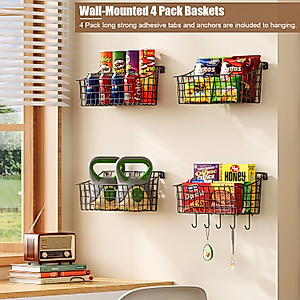4 Pack Hanging Wall Basket for Organizing, Large Wire Baskets for Storage Pantry with 5 S Hooks+4 Strong Adhesive Wall Hooks, Wall Mounted Metal Wire Storage Baskets Shelf for Cabinet Kitchen Bathroom