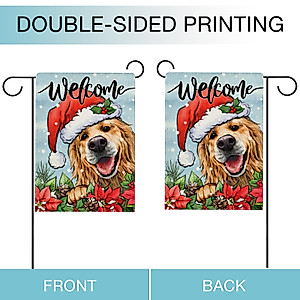 Hzppyz Welcome Christmas Golden Retriever Dog Garden Flag, Xmas Puppy Santa Hat Poinsettia Pine Cone Decorative Yard Outdoor Home Small Decor, Winter Holiday Farmhouse Outside House Decoration 12 x 18