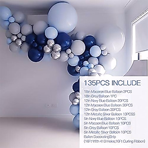 Navy Blue Balloon Kit 18In 12In 5In Sliver Balloon Arch Garland For Festival Picnic Family Engagement, Wedding, Birthday Party, Blue Theme Anniversary Celebration Decoration (Bule 135pcs)