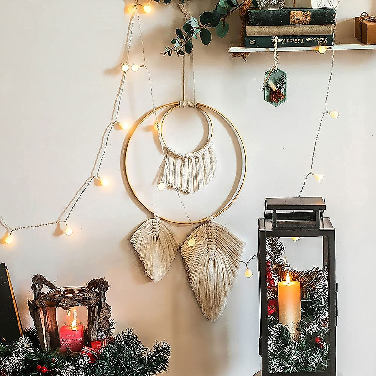 O-heart Macrame Wall Hanging, Woven Boho Chic Wall Decor Cotton Leaf Feather Bedroom Decor Large Wall Art Decor, Bohemian Home Decorations Wall Accent - Style 1