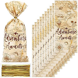 100 Pcs Adventure Awaits Cellophane Treat Bags Adventure Party Decoration Travel Themed Candy Goodie Favor Bags World Map Birthday Party Plastic Bag for Travel Retirement Wedding Party