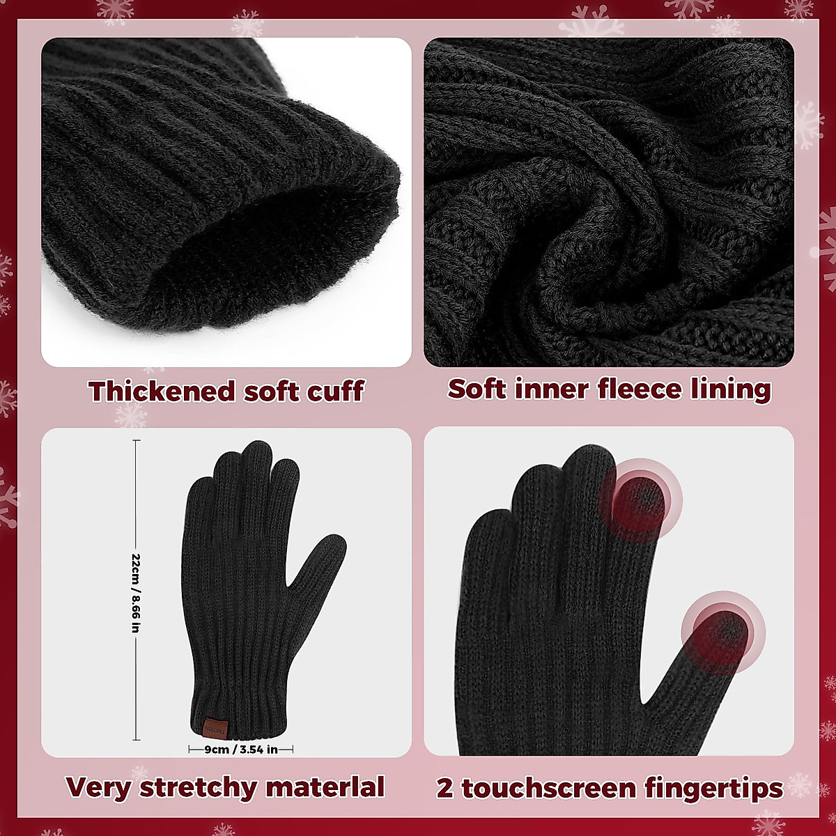 Winter Beanie Hat Scarf Gloves Set for Women, Womens Beanie Hat with Detachable Pom Pom Scarf Neck Warmer Touchscreen Gloves 3 in 1 Set（Black）