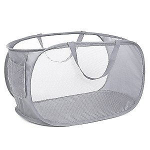 Durable Collapsible Laundry Baskets, Mesh Pop Up Laundry Hamper with Side Pocket, Foldable Clothes Storage Hamper with Reinforced Carry Handles for Laundry, Bathroom, Kids Room, Dorm or Travel Grey