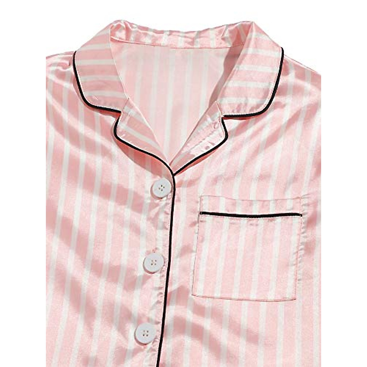 WDIRARA Women's Silk Satin Pajama Set 4 Pieces Sleepwear Loungewear Pj Sets Pink Striped L