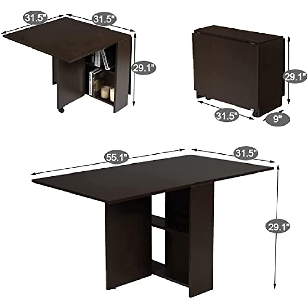 DINAZA Folding Dining Table Drop Leaf Table for Small Spaces with 2 Tier Storage Racks Multifunction Space Saving Table Extension Dinner Table for Kitchen Bedroom