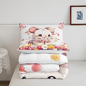 Erosebridal Cartoon Hamster Comforter Set for Girls Boys Children Cute Pet Animal Bedding 2 Pieces Lovely Rodent Animal Bedding Comforter Sets Pet Mouse Pattern Duvet Set Twin Size
