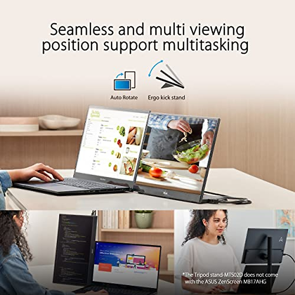 ASUS ZenScreen 17” 1080P Portable USB Monitor (MB17AHG) - Full HD, IPS, 144Hz, USB Type-C, FreeSync Premium, Eye Care, L-shaped kickstand, Tripod Mountable, HDMI, FSC Certified, 3-Year Warranty,BLACK