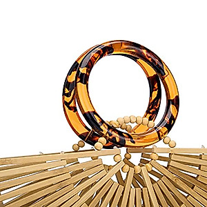 summer beach holiday bamboo woven bag retro portable straw woven bag Tote Bamboo Handbag Bown straw bag Acrylic rattan bag drawstring beach bags for summer (X-Small(10.23"x11"x3.2")),Natural)