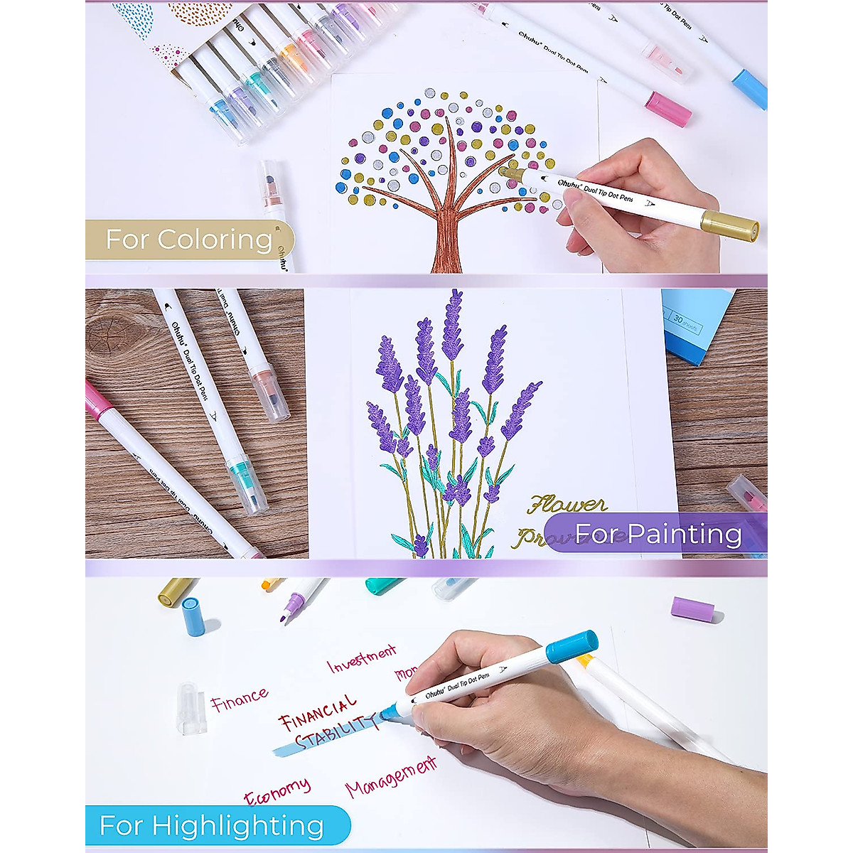 Ohuhu Dual Tip Dot Markers: 15 Colors Dot Marker Pens (Fine & Dot) for Kids Adults Water-Based Ink Metallic & Regular Colors Dot Pens for Journaling Scrapbooking DIY Highlighting Drawing Markers