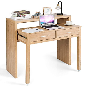 Tangkula Extendable Computer Desk with 2 Drawers, Small Writing Desk with Pull Out Secondary Desk, Console Table, Wood Study Workstation, Laptop Desk for Small Space Home & Office (Natural)