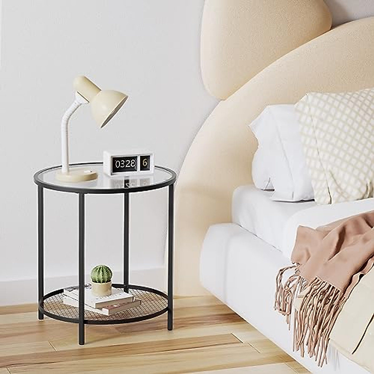CADANI End Table, Glass Side Table with Open Storage, 2-Tier Black Accent Table with Sturdy Metal Frame, Modern Round Coffee Table for Living Room, Bedroom, Balcony, Patio