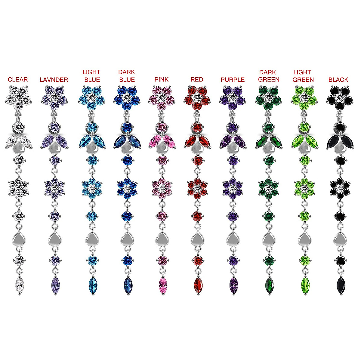 Red CZ Gemstone Long Climber Floral Flower Dangling Reverse Bar 925 Sterling Silver Belly Ring Body Jewelry