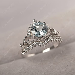 LUO 925 Sterling Silver Round 7 MM Aquamarine Ring Princess Crown Tiara Engagement Ring for Women US Size 10