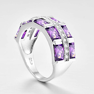 Emsione 925 Sterling Silver Plated Created Amethyst Emerald Cut CZ Pave Eternity Anniversary Wedding Engagement Band Ring Size 7