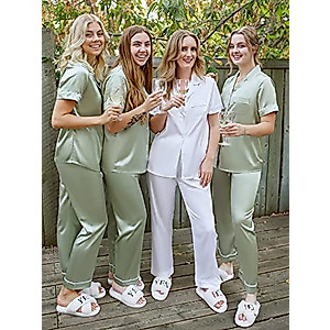 AW BRIDAL Silk Pajamas for Women Satin Pajama Set Button Up Bride Bridesmaid Pajamas Sleepwear Loungewear, Sage Green M