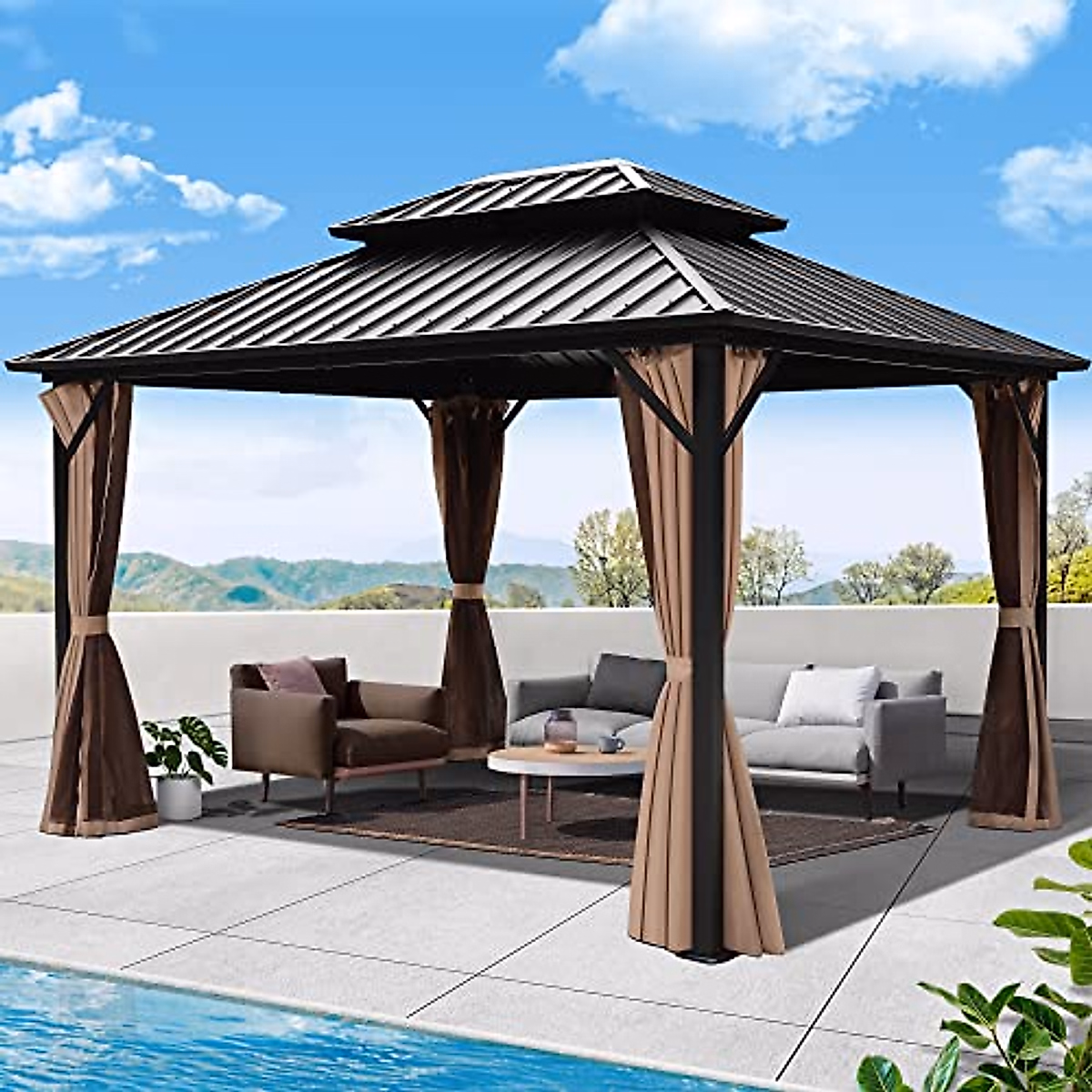GARTOO 10x12FT Outdoor Galvanized Steel Top Gazebo with Double Roof - Heavy-Duty Hardtop Gazebo with Breathable Netting & Zipper Curtains for Patio, Porch, Garden, Lawn, Deck, Backyard