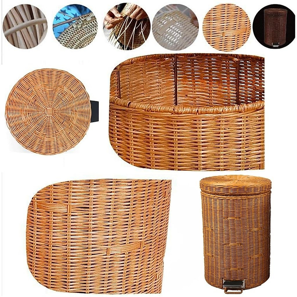 Wicker Trash Can with Lid Bathroom, Removable Liner Bucket Wastebasket, Slow Down Silent Pedal Garbage Bin with Lid, Round Rattan Garbage Can Trash Bin for Bathroom Living Room Kitchen ( Color : Yello