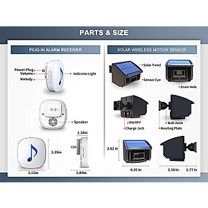 Htzsafe Solar Wireless Driveway Alarm System-1/4 Mile Long Transmission Range-Solar Powered No Need Replace Batteries-Outdoor Weatherproof Motion Sensor DIY Security Alert-1 Receiver and 2 Sensors KIT