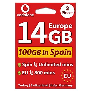 【2 Pack】 Vodafone Europe Prepaid SIM Card 14GB Data+800 min in 34 Countries