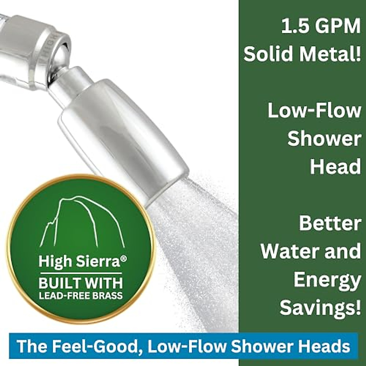 High Sierra Showerheads® - Solid Metal 1.5 GPM High Efficiency, Low-Flow Shower Head with Long Nut - Brushed Nickel