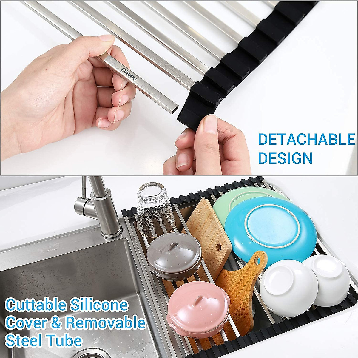 Sink Drying Rack Black Roll Up, Ohuhu 17.6" L x 15" W Over the Sink Dish Drying Rack Unique Square Tubes Stainless Steel Rolling Dish Drainers Heat-Resistant for Kitchen Counter Organizer Space Saving