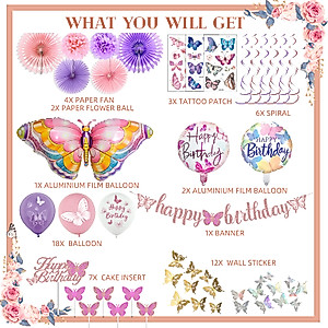 Butterfly Birthday Party Decorations Supplies, Pink & Purple Butterfly Birthday Decorations Include Paper Fans Foil Balloons Happy Birthday Banner Tattoos Wall Stickers Cake Toppers