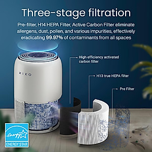 MIKO Air Purifier for Bedroom with 3-in-1 HEPA Filter & Sleep Mode, Whisper Quiet, Covers Up to 1200 ft, Smart Wi-Fi App Control - Removes Smoke, Allergens, Pets Hair, Dust, Odors, Pollutants
