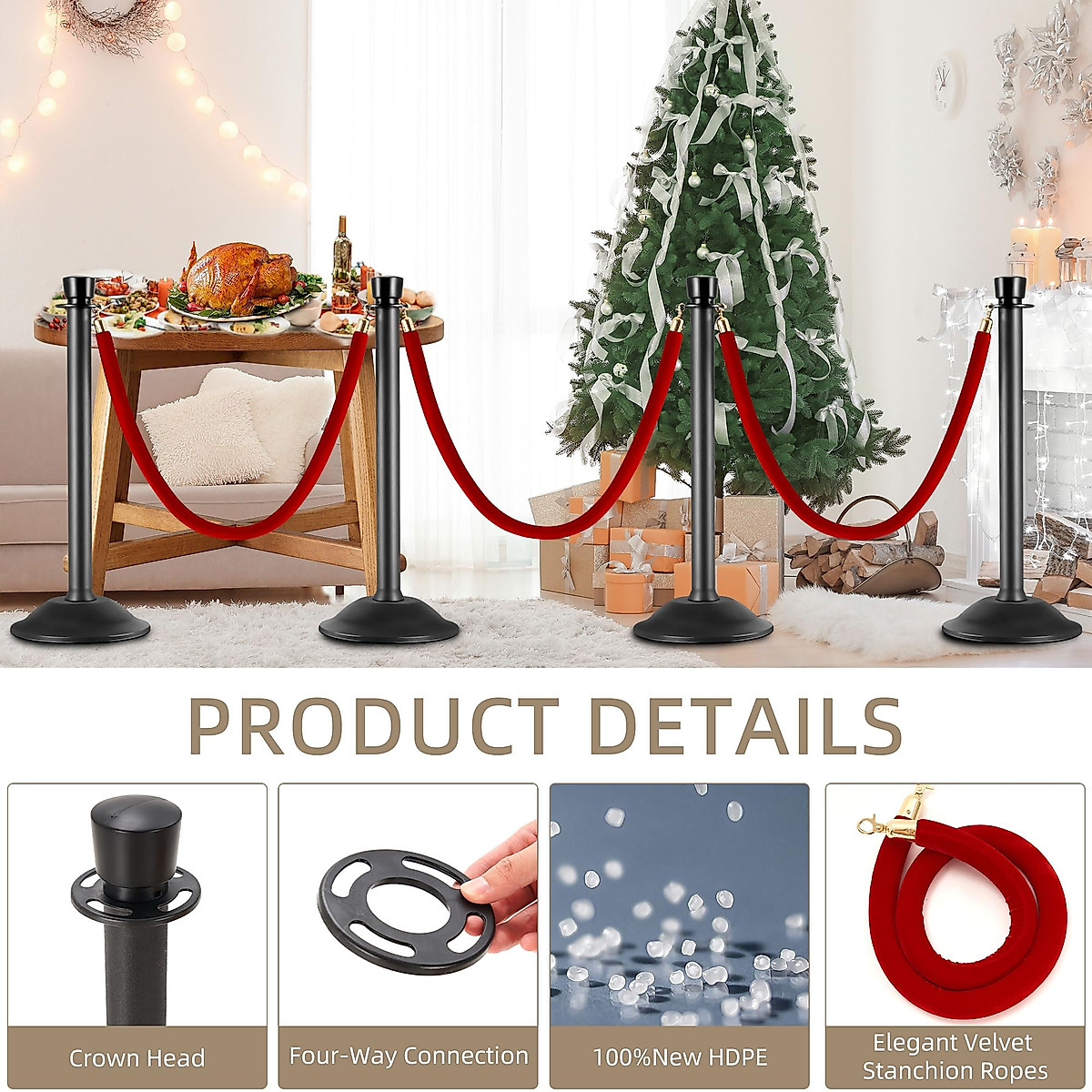 HABUTWAY Stanchion Posts with Velvet Ropes, Set of 6 Pieces Stanchion Queue Rope Barriers, Crowd Control Stanchion, Sand/Stone Injection Hollow Base Red Carpet Ropes and Poles, Easy Connect Assembly