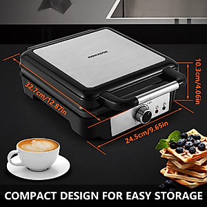 MONXOOK Belgian Waffle Maker, 4-Slice Non-Stick Square Waffle Maker, Anti-Overflow Waffle Iron with Browning Knob, Indicator Lights, Compact Design, Recipes Included, 1200W, Silver/Black