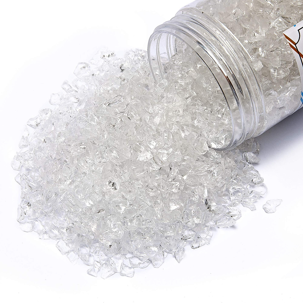 TWINKLING High Luster Fire Glass Gravel Stone Glitter,Broken Glass,Fire Gems Chips,Crushed Glass for Fire Pit Crafts Resin Art Aquarium Garden Decoration,3-6mm,1-Pound Jar (Crystal/Transparent)