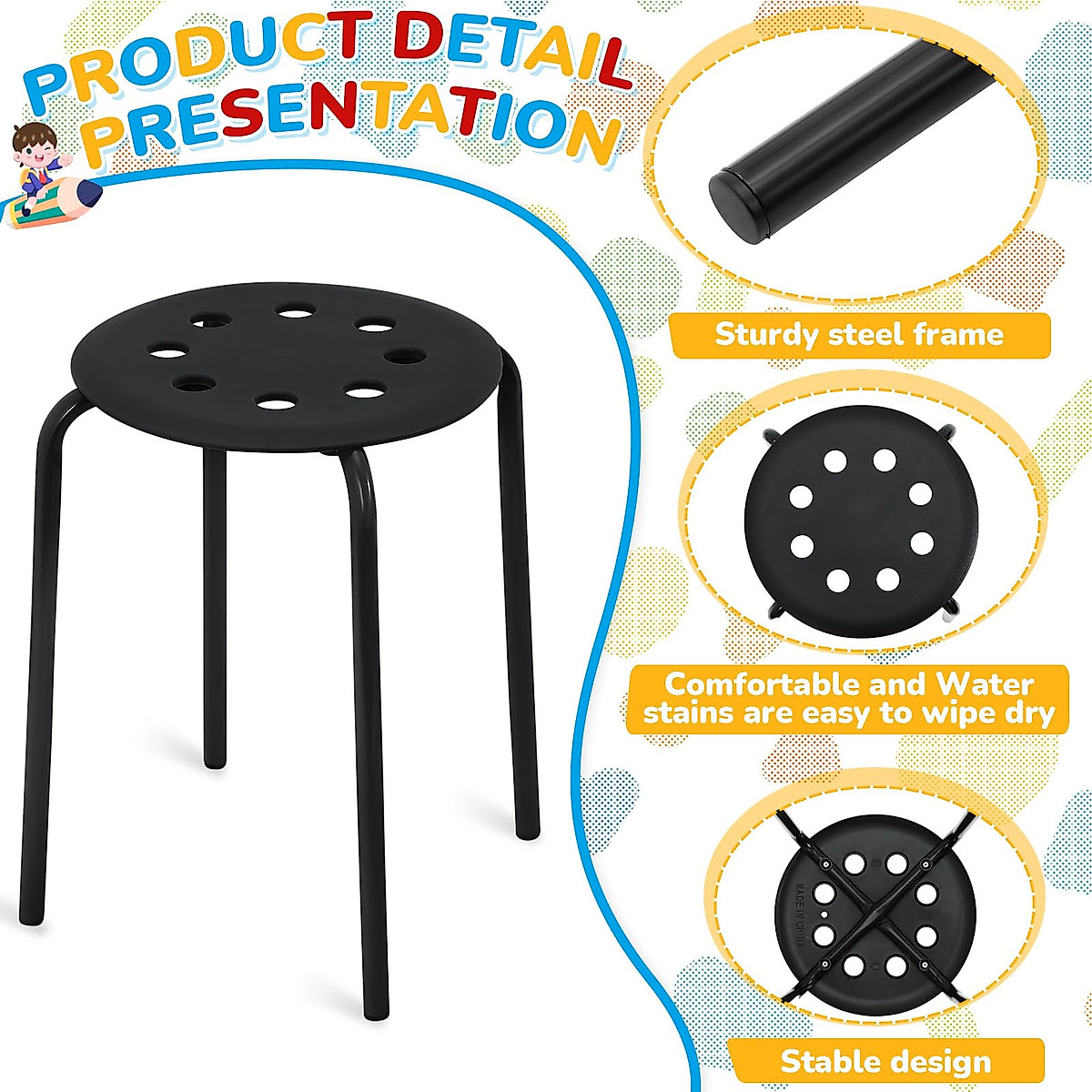 Thyle 20 Pcs Stacking Stools 17.5 Inch Kids Chair Plastic Metal Round Stacking Stool for Kids Adults Stackable Stools Flexible Seating Classroom Furniture for Home Office School (Black)