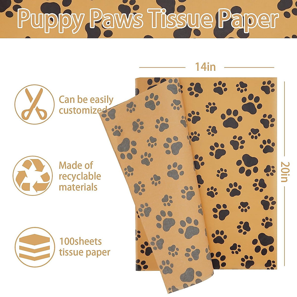 Whaline 100Pcs Pet Paw Print Tissue Paper Brown Kraft Black Gift Wrapping Paper Dog Paw Packaging Paper DIY Art Craft Paper for Farmhouse Home Birthday Pet Treat Party Gift Decor, 14 x 20 Inch