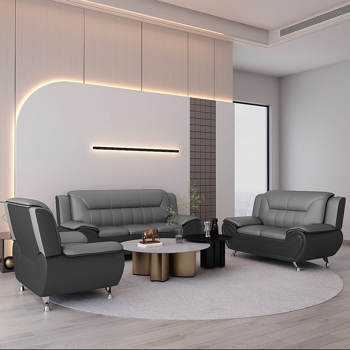 Container Furniture Direct Modern Style Faux Leather Loveseat with Extra Comfortable Pillow Top Armrests Ideal for Living Room, Bedroom or Home Office Couch, 61.3’’ Wide, Grey/Black