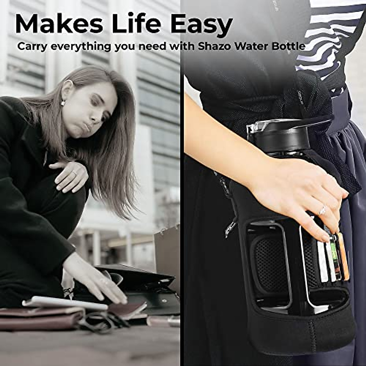 Half Gallon 2.2L Sports Water Bottle With Straw and Built In Wallet 74oz Large Gym Drink Container, Storage Sleeve, Bottle Brush, Phone Pocket - BPA Free Big Jug, Carry Handle Aesthetic Look - Black