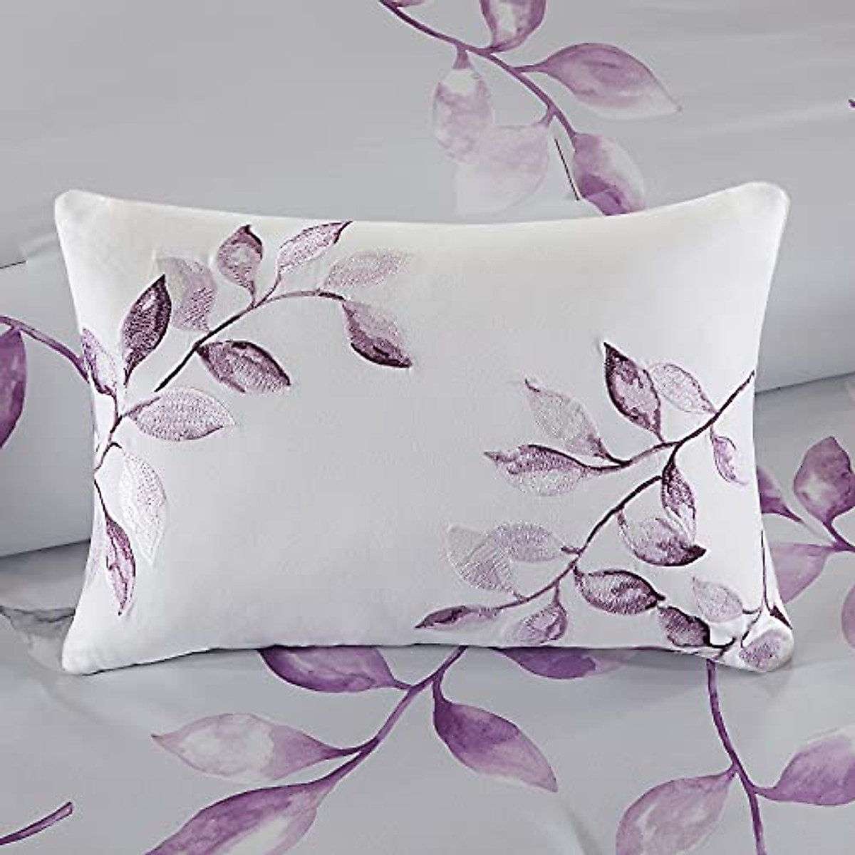 Madison Park Essentials Cozy Bed In A Bag Comforter with Complete Cotton Sheet Set - Trendy Floral Design All Season Cover, Decorative Pillow, Twin(68"x86"), Leaf Purple 9 Piece