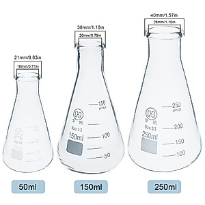ADAMAS-BETA 3pcs Erlenmeyer Flask Lab Chemistry Glass Flasks Science Beakers Set 50ml,150ml,250ml Flat Bottom Glassware
