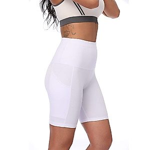 NELEUS Women's 3 Pack Athletic Shorts for Biker Running Yoga Gym Workout Tummy Control Workout with Pocket,1010,White/Blue/Navy,ID 2XL, US XL